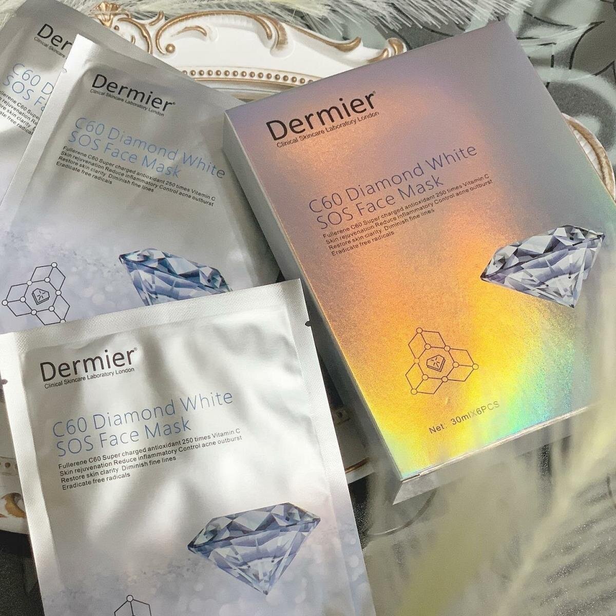英國 Dermier C60 閃鑽急救面膜 (6片/盒)強效降紅 超補水 淡斑 美白 緊緻 亮澤 - MsSakura 專注品質生活