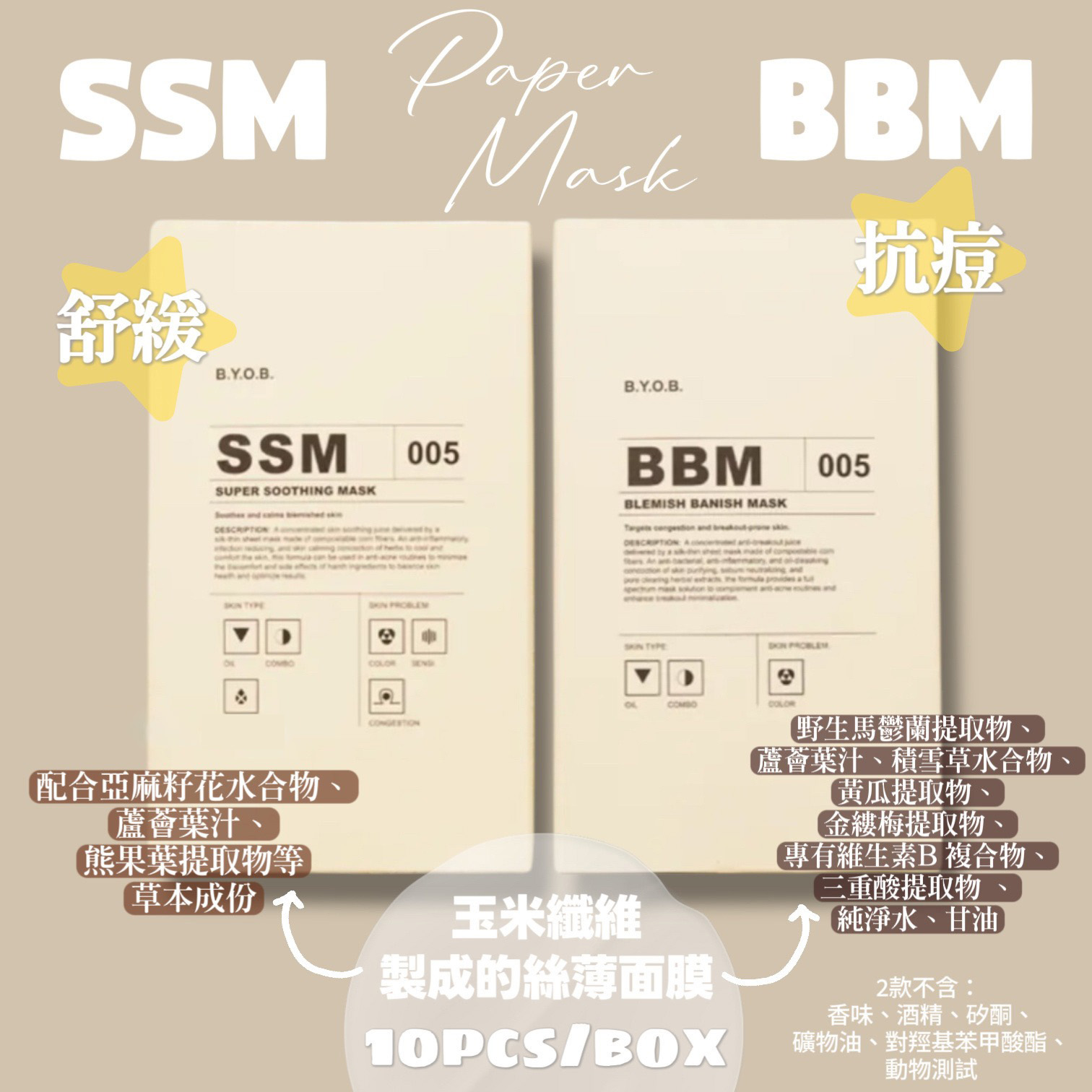 香港BYOB Blemish Banish Mask BBM擊退痘痘面膜10片/BYOB SSM超級舒緩面膜10片 - MsSakura 專注品質生活